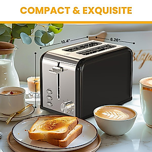 Simple Deluxe 2-Slice Toaster, Stainless Steel Toaster, 6 Browning Setting and 3 Function, Extra Wide Slot & Removable Crumb Tray, for Bread & Waffle, Black