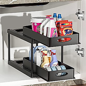 HooySprs 2 Tier Under Sink Organizer with 2 Sliding Drawer Under Cabinet Basket Organizer with Hooks Bathroom Organizer Kitchen Cabinet Organizers