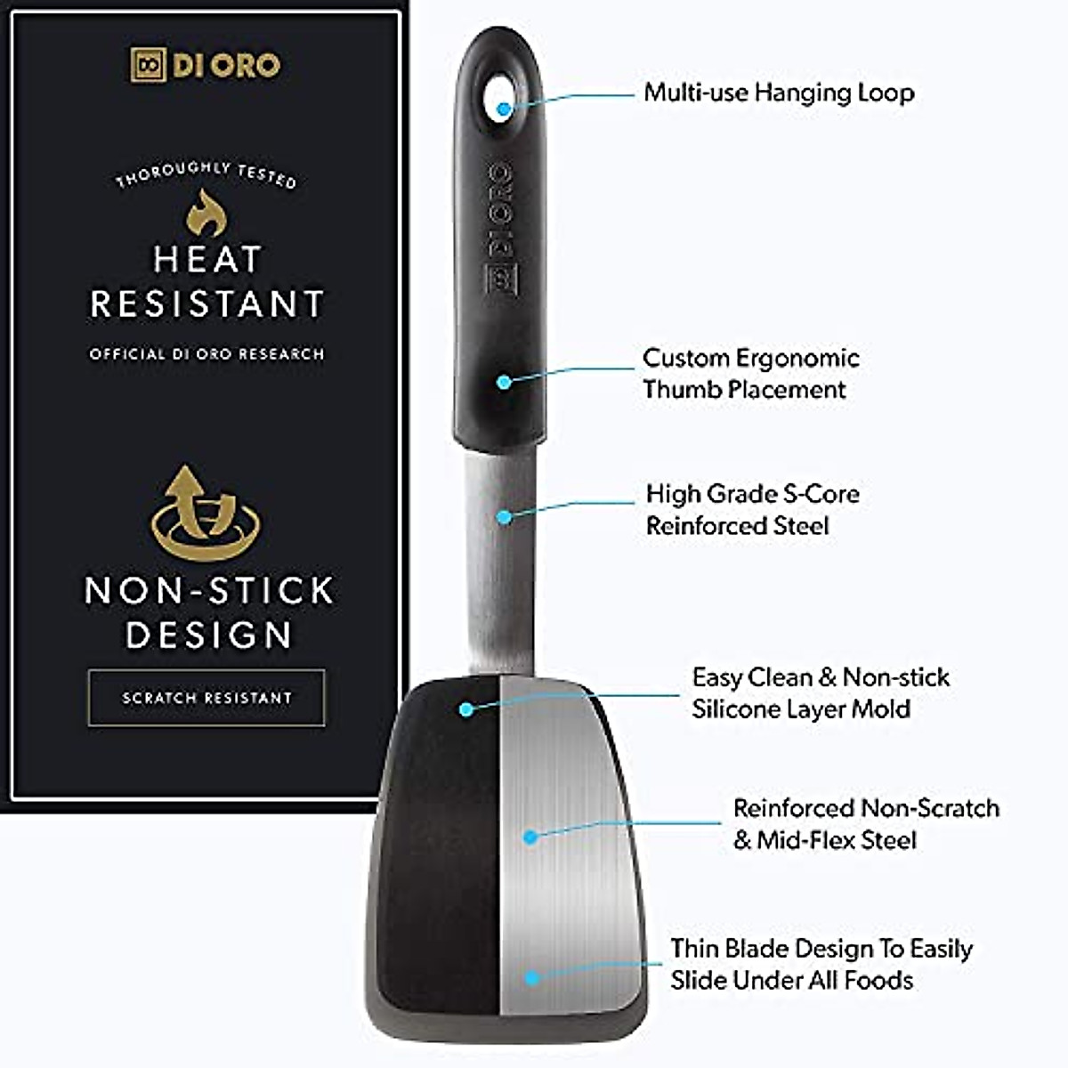 DI ORO Egg Spatula - Silicone Turner Spatula for Cooking - Spatula for Nonstick Cookware Heat-Resistant - High Heat Thin Spatula & Flexible Turner - Kitchen Flipper BPA Free & Dishwasher Safe