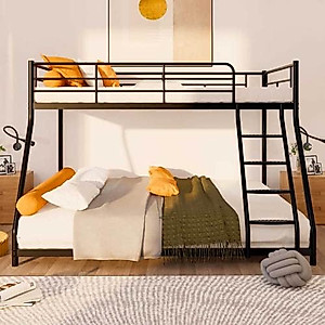 Metal Floor Bunk Bed, Bunk Beds Twin Over Full Size, Heavy Duty Bed Frame w/Sloping Ladder and Safety Guardrails for Boys Girls Teens Adults, No Box Spring Needed (Black)