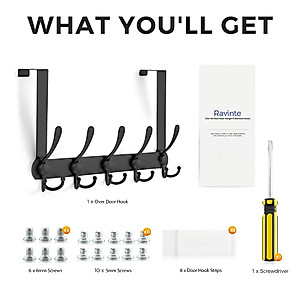 Ravinte Over The Door Hooks, 1 Pack Over The Door Hanger with 5 Coat Hooks for Hanging Clothes, Over The Door Towel Racks for Bathroom Heavy Duty, Black