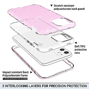 ULAK Compatible with iPhone 11 Case Clear Glitter, Hybrid 3 in 1 Shockproof Protective Phone Case Designed for Women Girls, Heavy Duty Bumper Cover for iPhone 11 6.1 inch, Pink Glitter