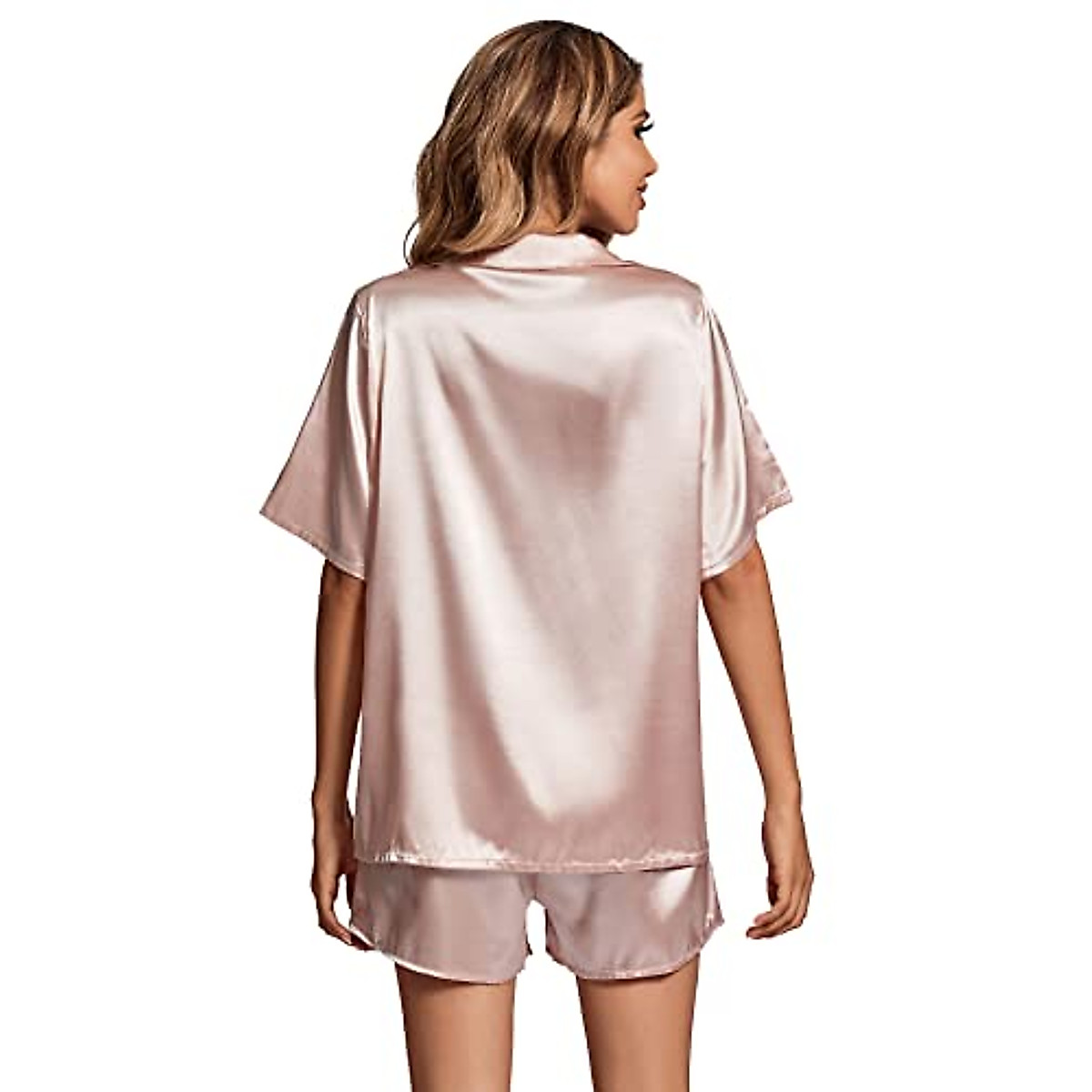 LYANER Women's Satin Silk Pajama Set Collar Short Sleeve Shirt with Shorts PJ Loungewear Pink X-Large