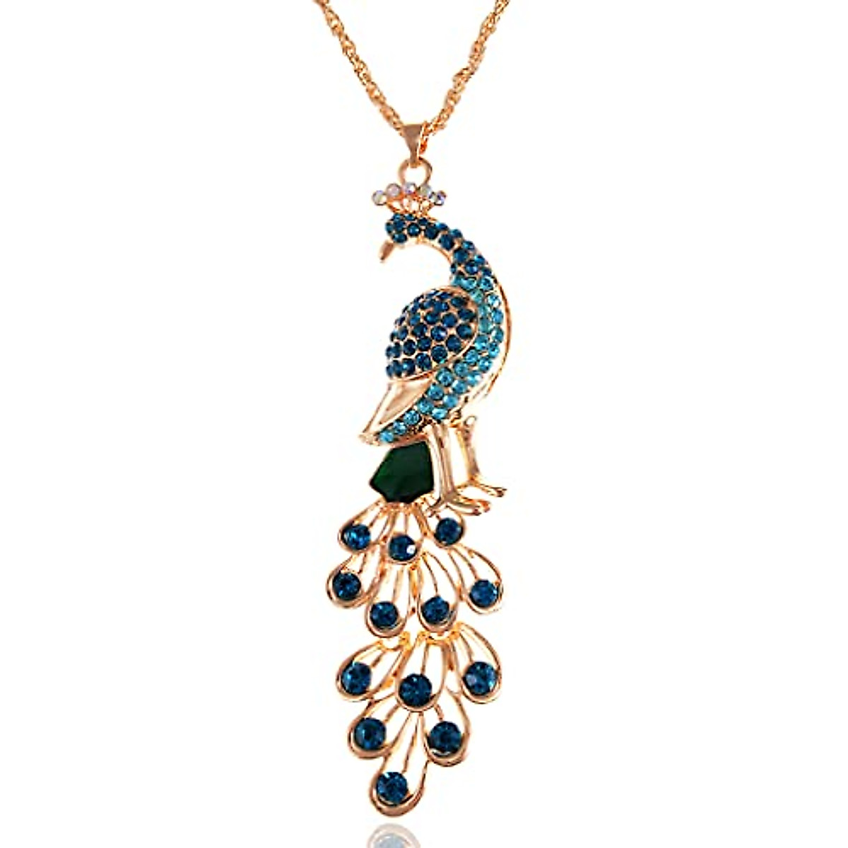 Alilang Golden Tone Blue Green Colored Rhinestone Peacock Bird Pendant Chain Necklace