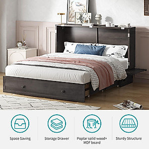 BALUS Murphy Bed, USB Charging Station, Furniture Murphy Cube Cabinet Bed, Queen Size Memory Foam Mattress in a Foldable Cabinet, Storage Drawer-Grey