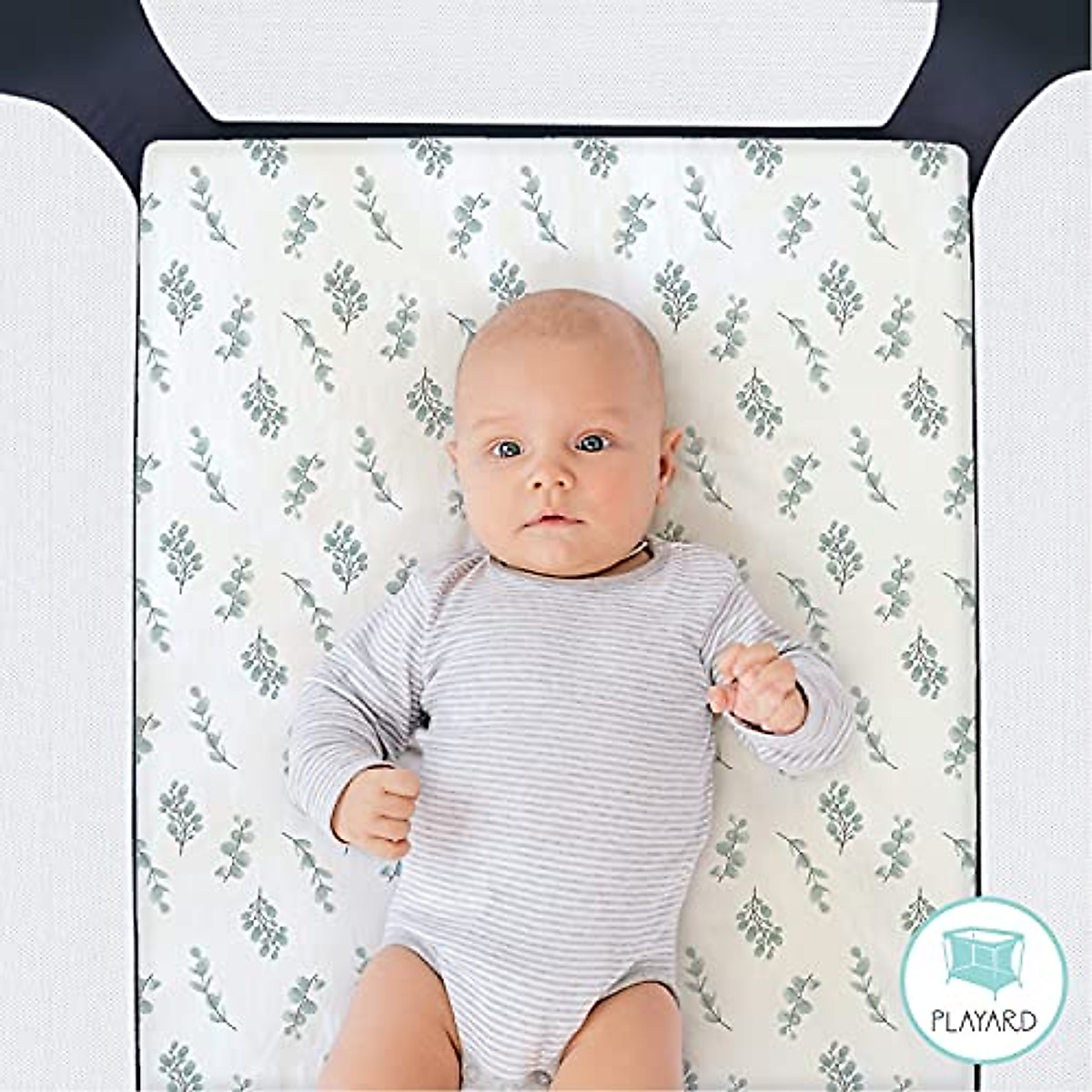 The Peanutshell Fitted Pack n Play, Playard, Mini Crib Sheets for Baby Boys or Girls | Unisex 2 Pack Set | Farmhouse Floral & Grey Plaid