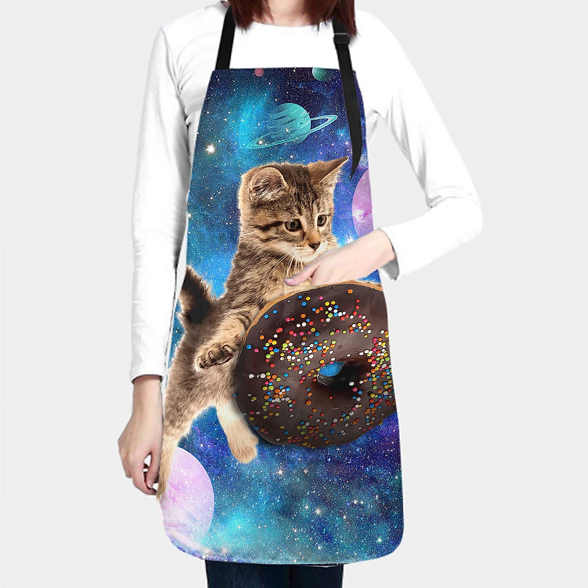 DZGlobal Doughnut Cat Kitchen Apron with 2 Pockets Home Gardening BBQ Grill Chef Cooking Aprons for Women Men Gifts Cute Kitten