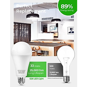 UNILAMP 300 Watt Equivalent Light Bulb, 33W LED Light Bulb E26 Daylight 5000K, Super Bright 4060LM, A23 LED Edison Screw Bulb for Garage, Warehouse, Street Backyard, Non-Dimmable, 2-Pack