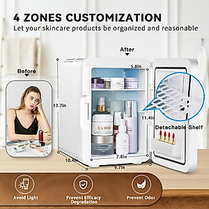 FOCHIER F Mini Fridge Portable 12L Skincare Fridge Compact Small Makeup Refrigerator with Dimmable LED Light Mirror Digital Display Cooler and Warmer AC/DC Powered for Bedroom Office Car White