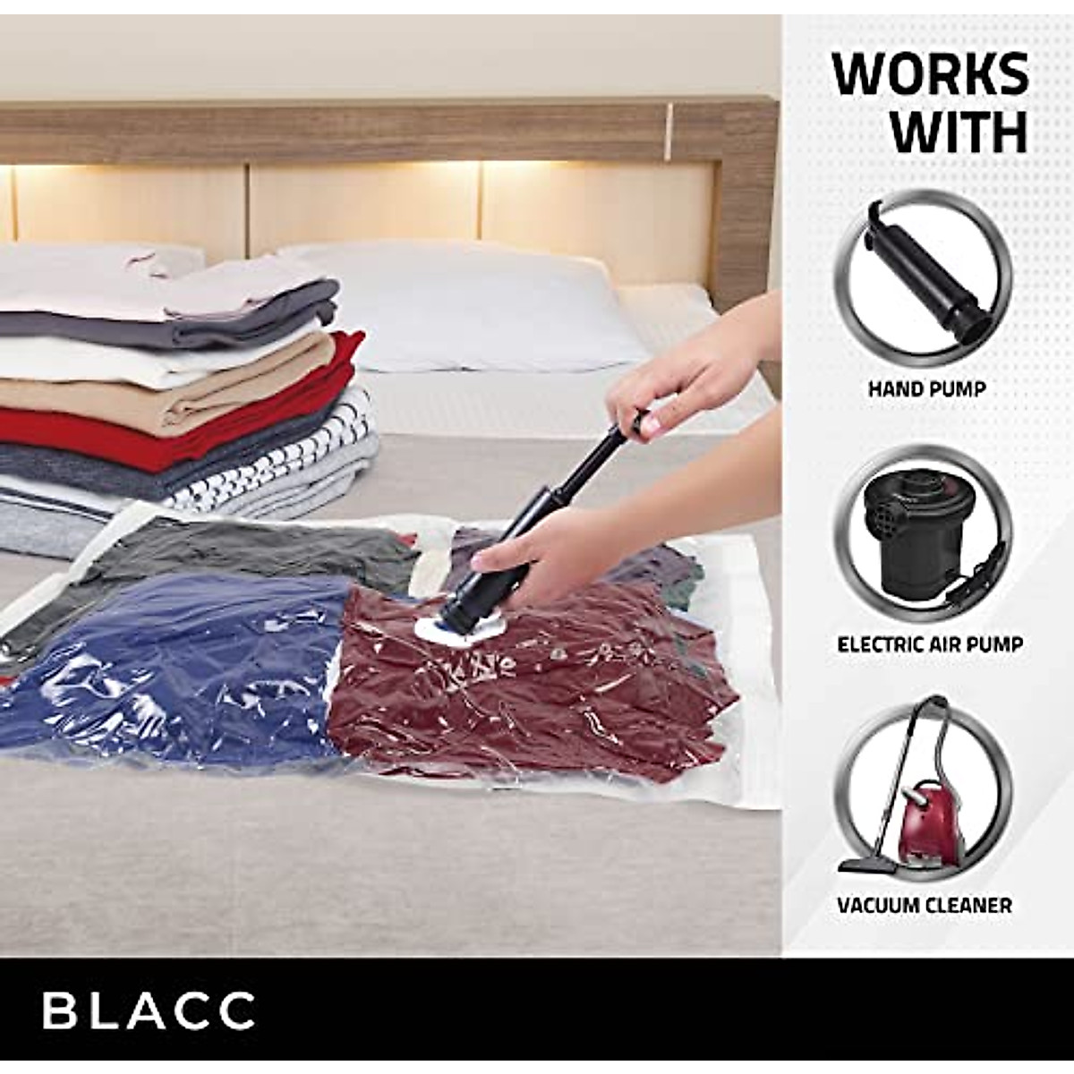 BLACC Vacuum Storage Bags, Compression Sealer for Clothes, Duvets, Blankets, Pillows, No-Loss Valve, 6 XLarge Bag, Premium Quality (SET PACK OF 6)