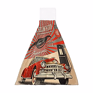 Krisyeol Hanging Kitchen Towel 1 Pcs Retro Filling Station Car Posters Soft Dish Towel Water Absorbent Hook and Loop Hand Towel for Bathroom Tea Bar Washroom Toilet Home Decor