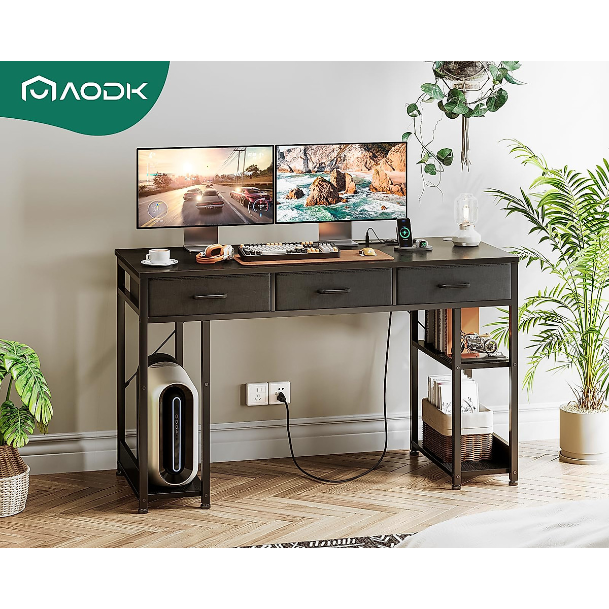 AODK 48 Inch Gaming Desk with Fabric Drawers & Power Outlets, Computer Desk with Storage Shelves & CPU Stand, Gamer Table, Writing Study Desk with Type-C & USB, Small Desk for Bedroom, Black