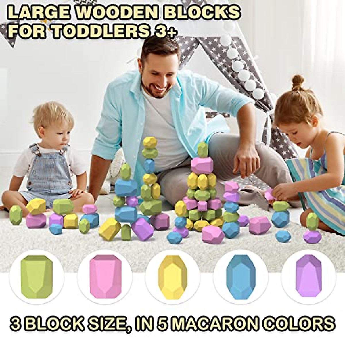 Rurvale Montessori Toys for 3 4 5 6 Years Old Boys and Girls,Wooden Stacking Blocks Rocks, Educational Learning Builing Blocks Sensory Toys for Kids Age 3-5, Preschool Gift