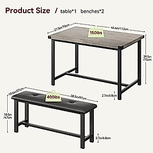 IDEALHOUSE Dining Table Set for 4, Kitchen Table with Benches, Rectangular Dining Room Table Set with 2 Upholstered Benches, 3 Piece Dining Table Set for Small Space, Apartment, Studio, Retro Gray