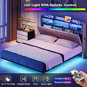 YITAHOME Queen Size Floating Bed Frame, Upholstered Platform Bed with Hidden Storage Headboard, RGB Bed Frame with USB-C/A Charging Station, No Box Spring Needed, Beige