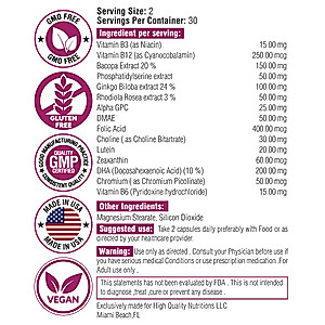 Neuro Ultra | High Quality Brain Booster |Improve Focus,Memory,Concentration & Clarity with HQ IngredientsDHA,AlphaGPC,B3,6,12,Ginkgo biloba,Bacopa,Lutein,Choline & More. Caffeine Free.