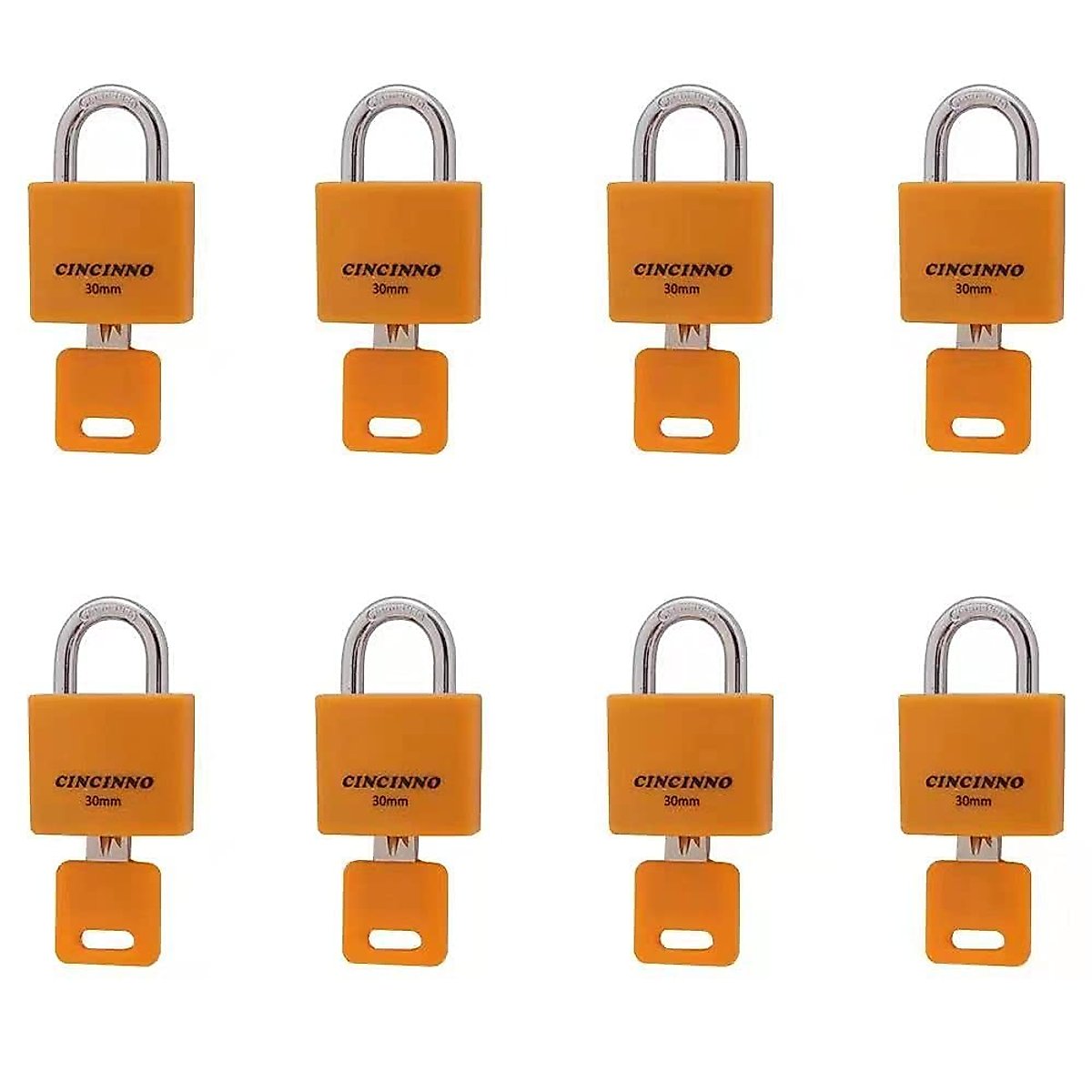 CINCINNO Set of 8 Small Locks，Covered Aluminum Keyed Alike Padlocks，30MM Weatherproof Lock with Same Key,Outdoor Padlock for Sheds, Storage Unit ，School Gym Locker, Toolbox