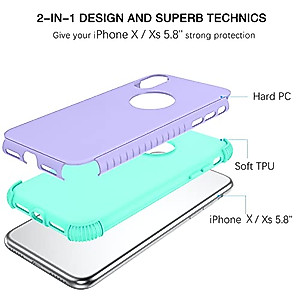 BENTOBEN iPhone X Case, iPhone Xs Case, 2 in 1 Slim Full Body Rugged Shockproof Hybrid Hard PC Bumper Drop Protective Girls Women Boy Men Covers for iPhone X/XS 5.8 inch, Purple/Mint