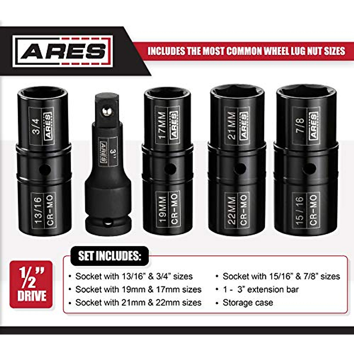 ARES 59010-5-Piece 1/2-inch Drive Lug Nut Flip Socket Set - Includes 17mm, 19mm, 21mm, 22mm Metric Sizes & 3/4-Inch, 13/16-Inch, 7/8-Inch, 15/16-Inch SAE Sizes - Impact Grade Chrome-Moly Steel