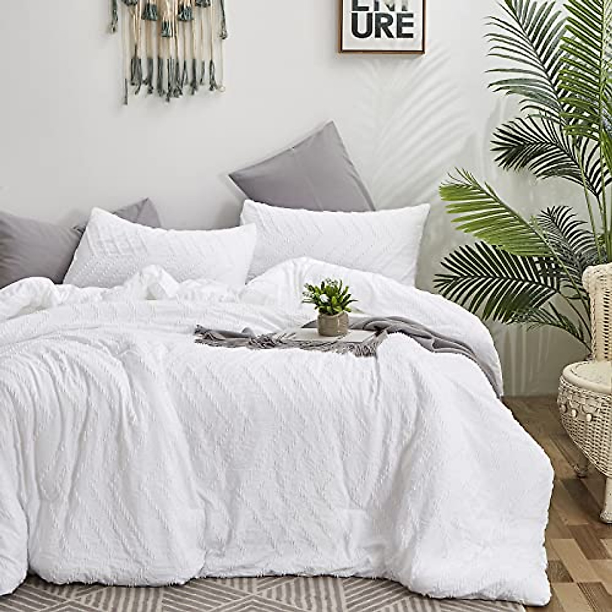 Wellboo White Tufted Comforter Sets King Embroidery Shabby Chic Bedding Comforter Sets Warm Soft Women Men Adult Broken Line Tufted Blankets Hotel Farmhouse Dorm Durable Quilts for All Seasons 3 PCS