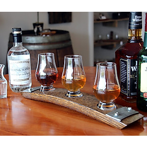 Barrel-Art Barrel Stave Premium 3 Glass Whiskey Flight Serving Tray with Glencairn Glasses, Dark Walnut