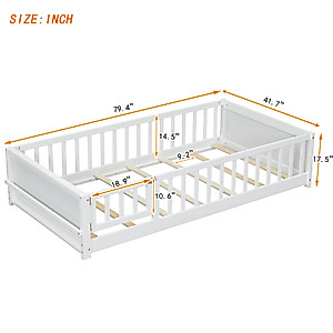 Mirightone Floor Bed with Rails and Door Twin Size, Wood Montessori Floor Bed with Storage Bookcase, Kids Bed Frame with Fence for Boys Girls, White