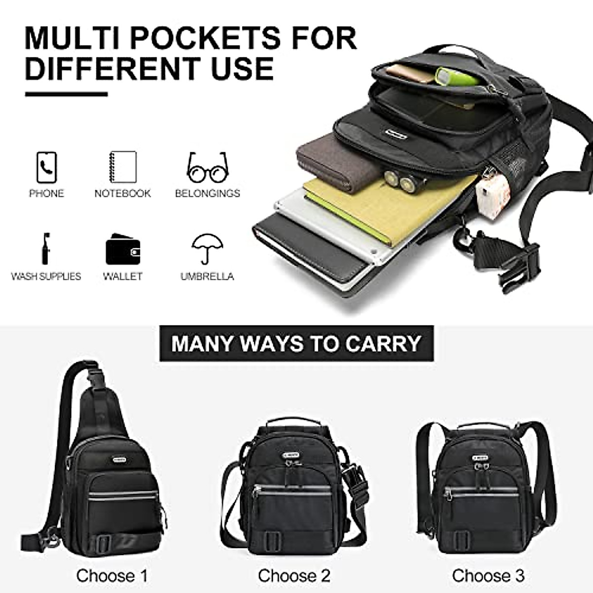 INOXTO Messenger Bag, Sling Bag for Men，Crossbody Backpack Shoulder Bag Hiking Daypacks Casual Sling Pack Handbag for Travel (8091-Black)