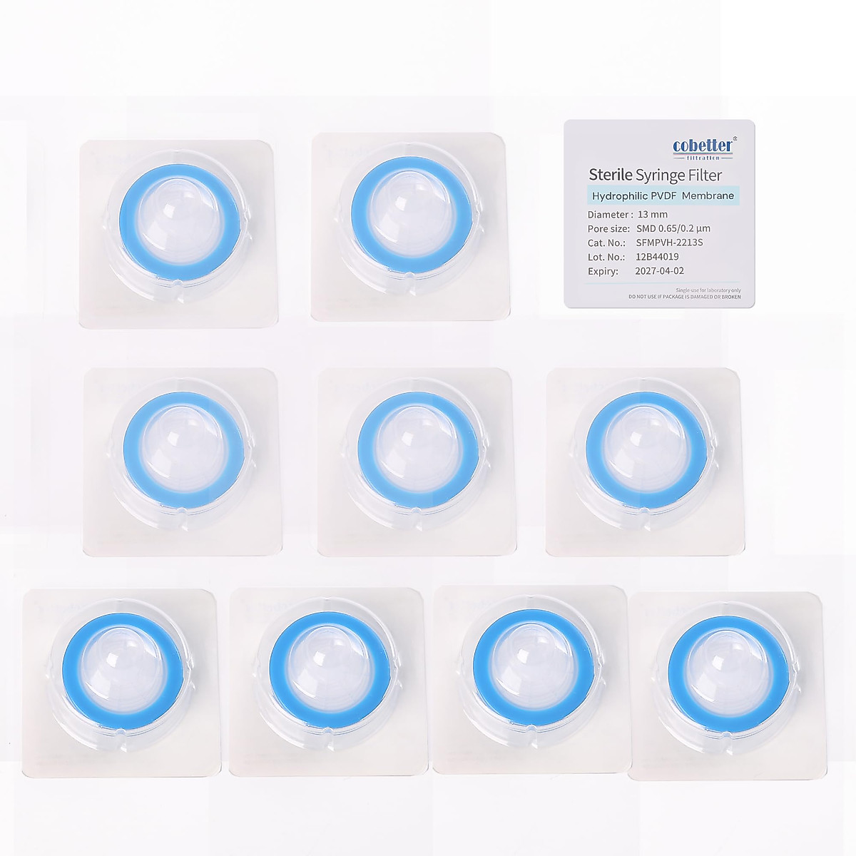 COBETTER 10 pcs/PK Sterile Syringe Filter Double-Layer Hydrophilic PVDF Membrane 0.2μm Lab Filters 13mm Diameter Individually Packed, Blue