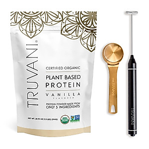 Truvani Vegan Vanilla Protein Powder with Frother & Scoop Bundle - 20g of Organic Plant Based Protein Powder - Includes Portable Mini Electric Whisk & Durable Protein Powder Scoop
