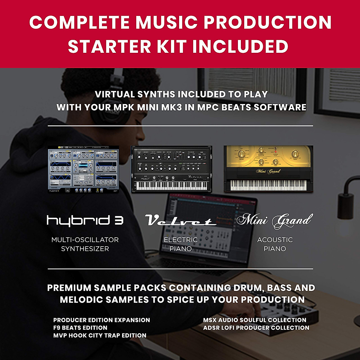 Akai MPK Mini MK3 MIDI Keyboard Controller + M-Audio SP2 Sustain Pedal, with MPC Beats and Software Suite – Beat Maker Bundle (White)