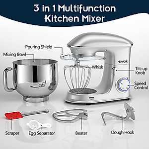 HOWORK 8.5QT Stand Mixer, 660W 6+P Speed Tilt-Head, Electric Kitchen Mixer With Dishwasher-Safe Dough Hook, Beater, Wire Whip & Pouring Shield(8.5 QT, Silver)
