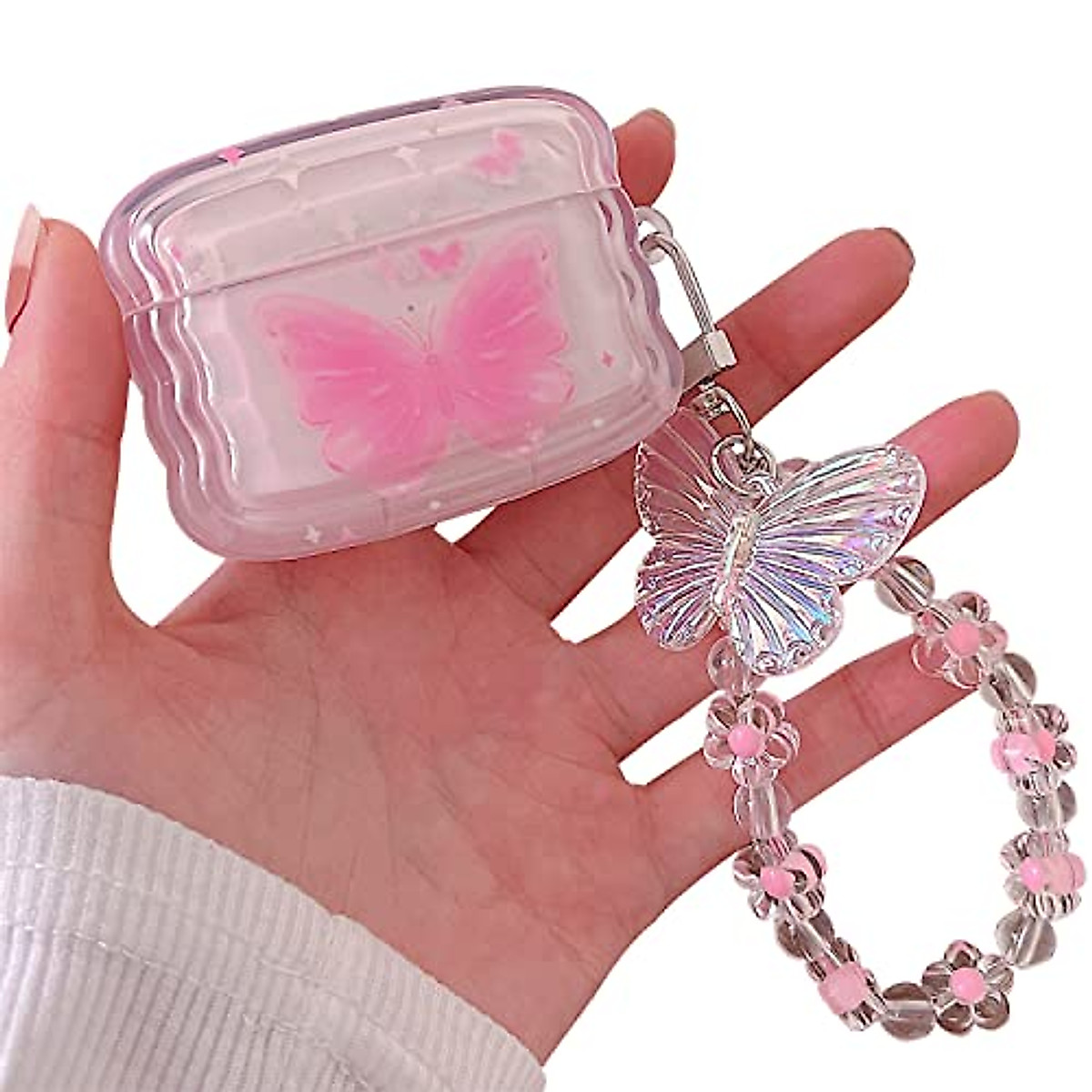 MINSCOSE Cute Airpod Pro Clear Case,Cute Graffiti Butterfly Pattern Design with Pretty Pink Flower Crystal Keychain Soft TPU Smooth Shockproof Compatible with Airpods Pro Charging Case for Girls Women