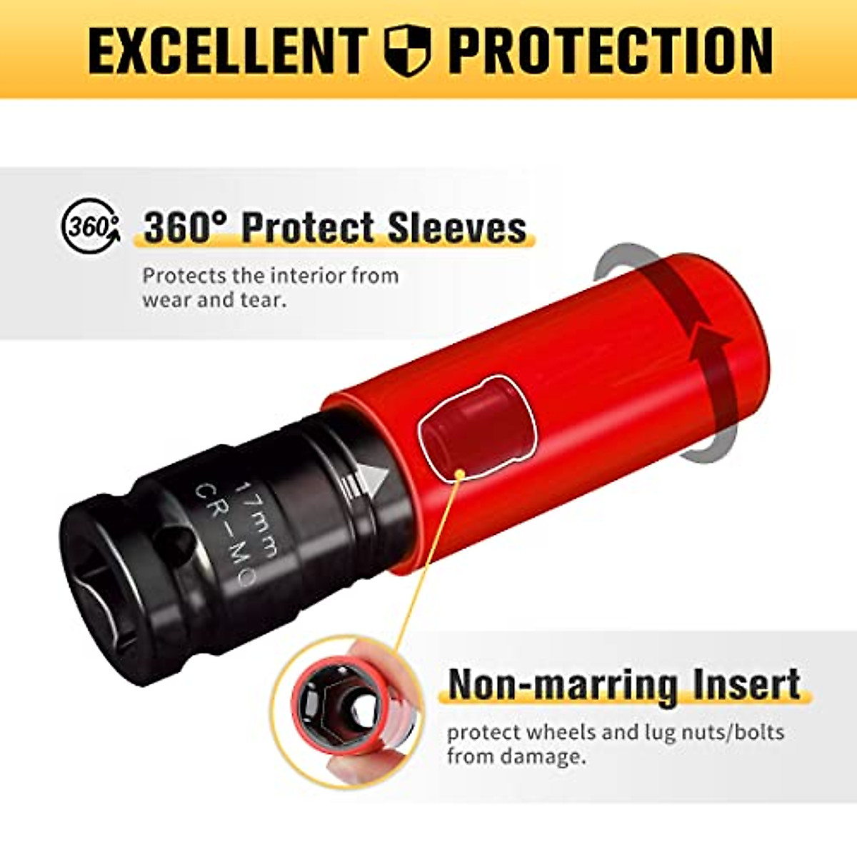 BOEN 1/2" Drive Wheel Protector Impact Socket, Non-Marring Lug Nut Thin Wall Deep Socket Set, CR-MO, 6 Point, Color-Coded Protective Sleeve | Metric 17 19 21 mm | SAE 13/16 7/8 inch (5 PCS)