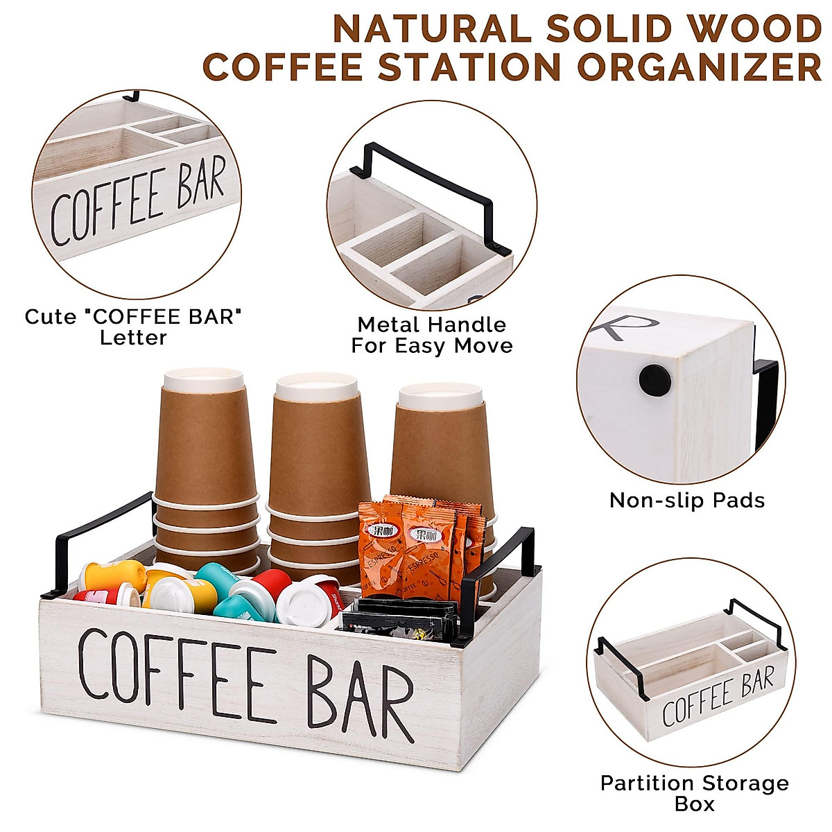 Coffee Station Organizer – Wooden Coffee bar Organizer for Kitchen Counter – Large Storage of 4 Compartments with Handles Perfect for Workplace, Meetings, Gatherings and Parties