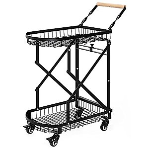 Multi Functional Collapsible carts, 2-Tier Foldable for Easy Storage and 360 Degree Swivel Wheels Folding Trolley, Shopping cart with Storage Basket