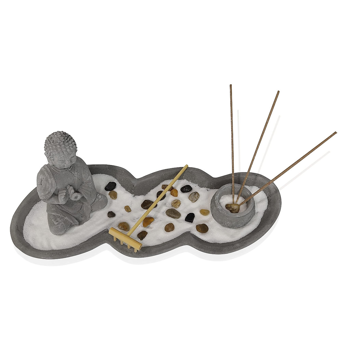 Japanese Mini Zen Garden Decor, Incense Holder with Buddha Statue for Relaxation and Meditation, Gift Set Perfect for Home and Office Decor
