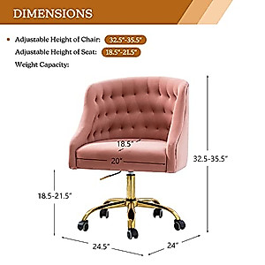 Velvet Home Office Chair with Gold Base, Comfortable Modern Cute Desk Chair, Adjustable Swivel Task Chair for Living Room Bedroom Vanity Study, Pink