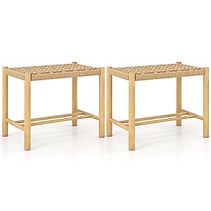 COSTWAY Patio Wooden Dining Stools Set of 2, 22-inch Wide Rustic Backless Saddle Stools with Rubber Wood Frame and Woven Paper Seat, 18-inch Height Outdoor/Indoor Counter Stools for Backyard Kitchen