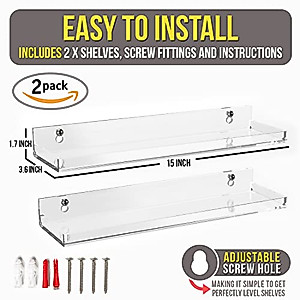 Pretty Display Acrylic Bathroom Shelves [2 Pack] Wall Mounted 15" Shelf Set - Crystal Clear Floating Shelves, Easy to Wall Mount, Rust-Proof & Maintenance-Free