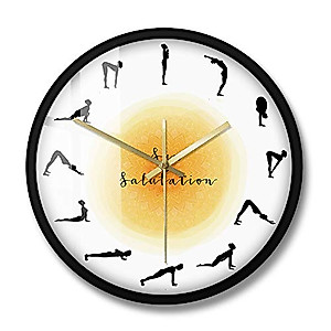 Wall Clock 12 inch Round Iron Frame Clock Yoga Pose Silhouette Wall Clock Non Ticking Sun Salutation Wall Clock Yoga Studio Decor Gift for Yogis