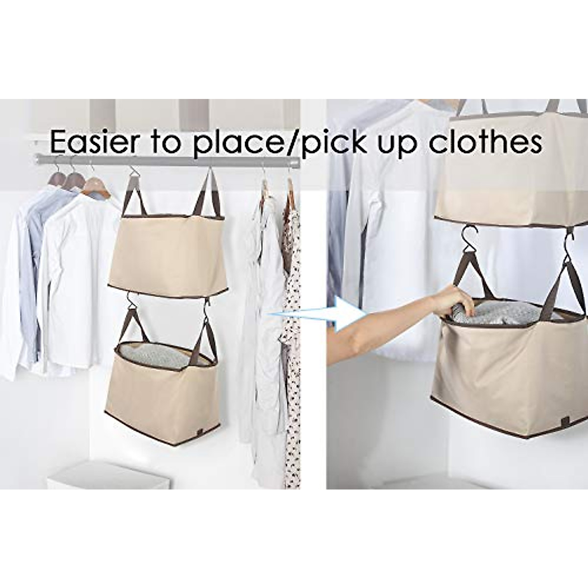 STORAGE MANIAC 2-Shelf Hanging Closet Organizer, Cloth Hanging Closet Shelf, Canvas Hanging Closet Basket with Hooks for Dorm, Apt, Bedroom, College, Garment Rack, Wardrobe, Fabric