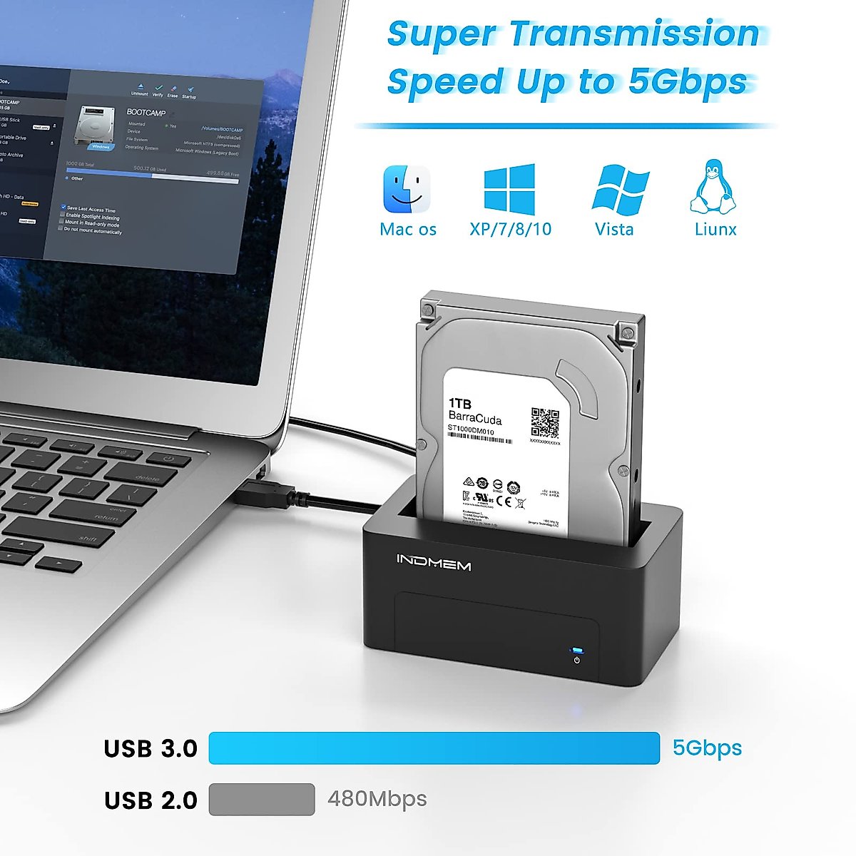SAS to USB 3.0 Adapter, SAS/SATA Hard Drive Reader Enclosure Docking Station for 2.5/3.5 inch HDD SSD with 12V/2A Power Adapter
