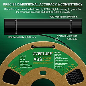 OVERTURE ABS Filament 1.75mm, ABS 1kg Spool (2.2lbs),3D Printer Filament,Dimensional Accuracy +/- 0.03 mm, Fit Most FDM Printer (Black 1-Pack)
