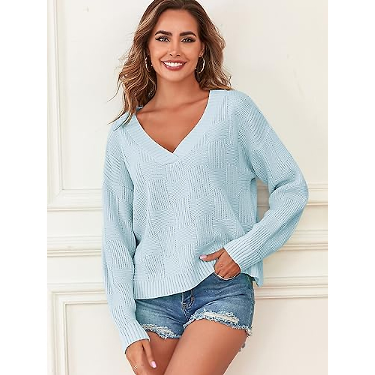 ZAFUL Oversized Sweaters for Women Sexy V Neck Long Sleeve Knit Sweater Loose Batwing Jumper Pullover Tops Blue S