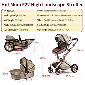 Hot Mom Baby Stroller: Baby Carriage with Adjustable Seat Height Angle and Four-Wheel Shock Absorption,Reversible，High Landscape and Fashional Pram (Grid)