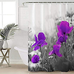 4 Pieces Bathroom Shower Curtain with Mats Set Purple Poppy Floral Grey Botanical Back,Non-slip Bath Rugs Toilet Lid Cover and U-shaped Carpet,Elegant Flower Watercolor Doormats Waterproof Curtains