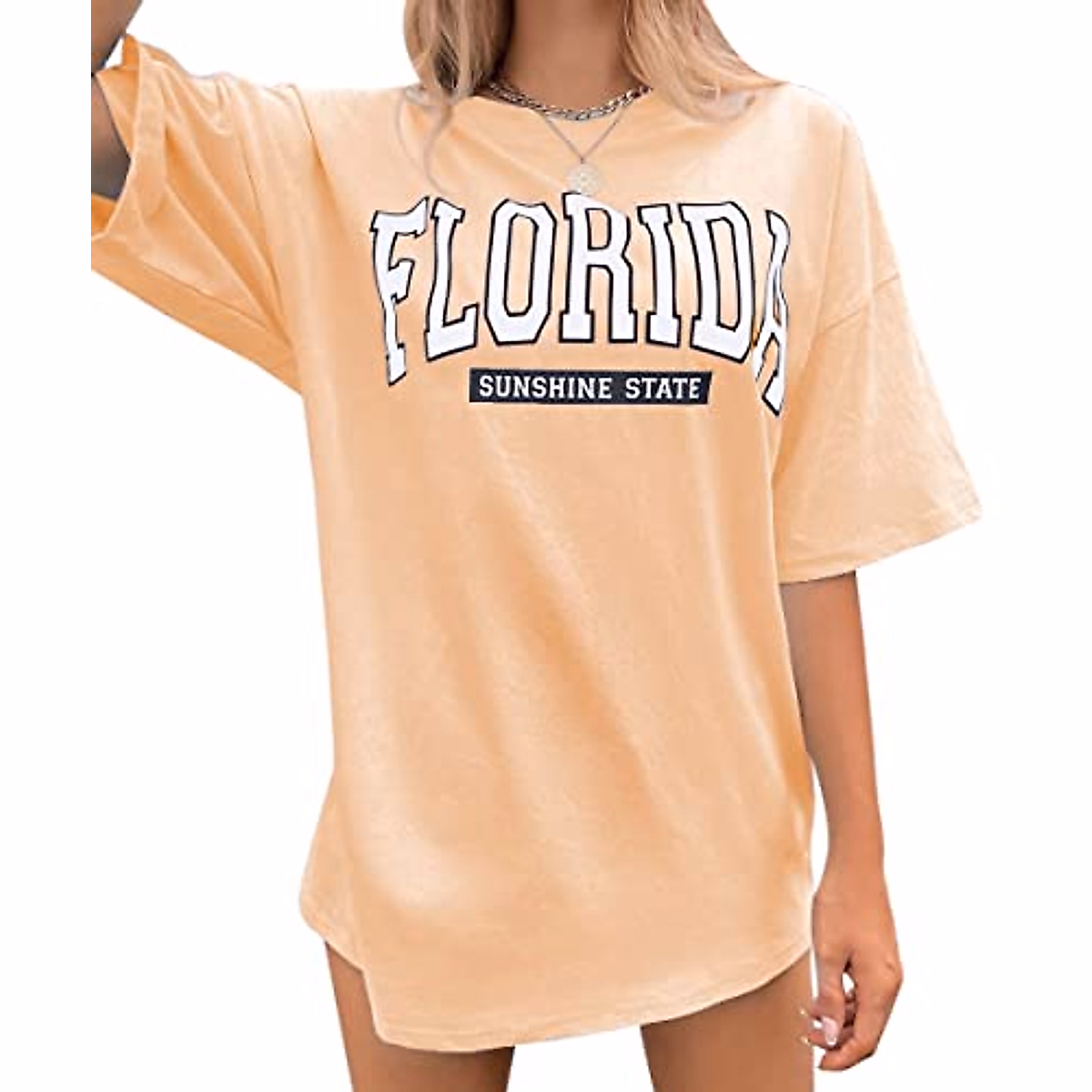 MISSACTIVER Women Florida Letter Graphic Print Tee Shirt Oversized Short Sleeve Crew Neck Drop Shoulder Casual T-Shirt Tops Apricot