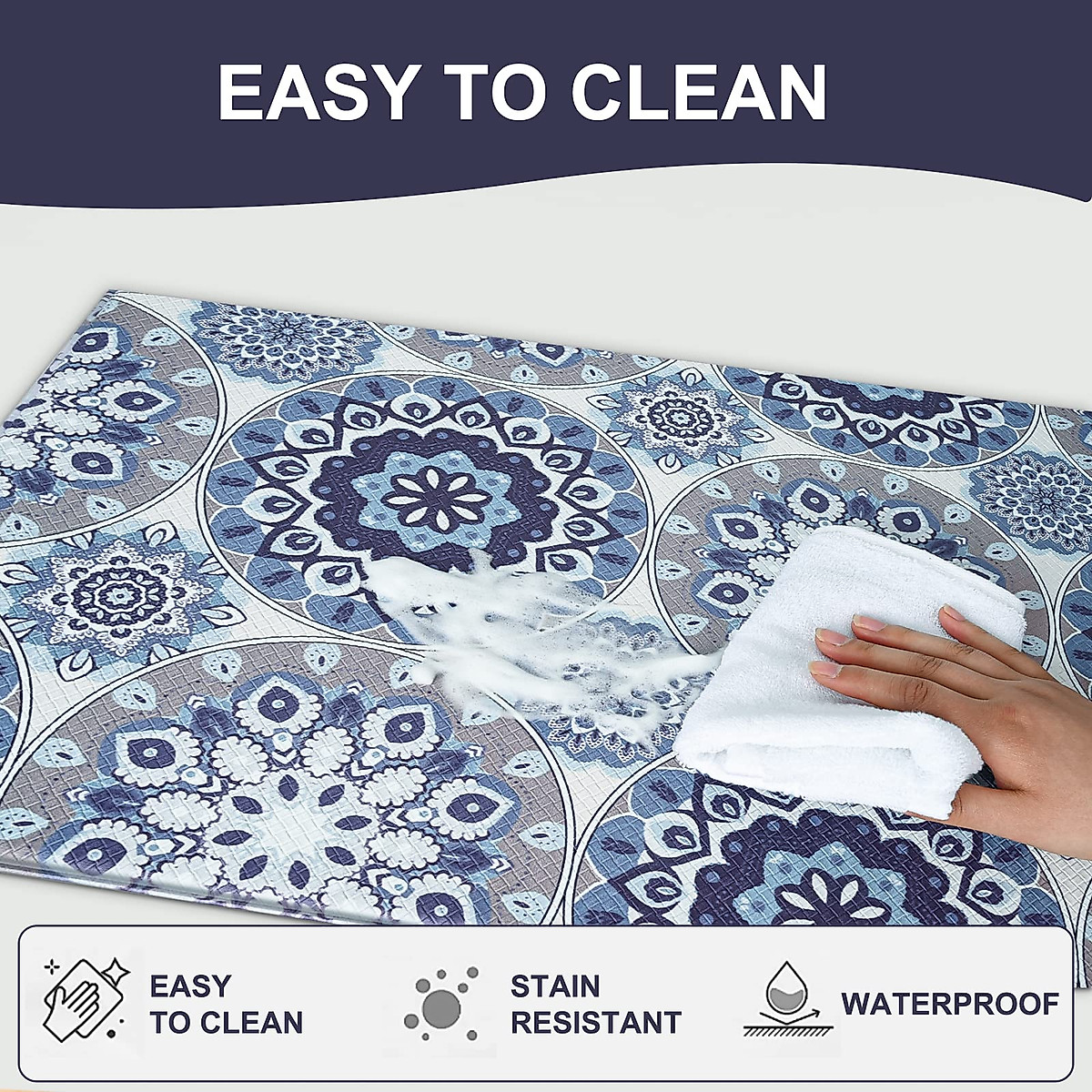 ASPMIZ Kitchen Mats Sets 2 Piece, Memory Foam Kitchen Rugs and Mats Non Slip Washable, Farmhouse Anti Fatigue Kitchen Mat and Runner Set, Blue Cushioned Floor Comfort Mat, 17'' x 47'' + 17'' x 30''