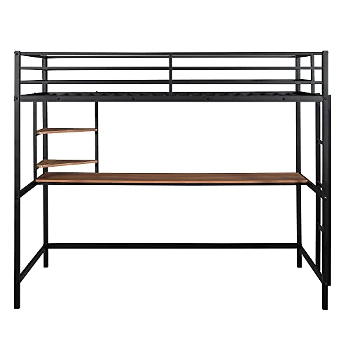 RORIGAT Twin Size Metal Loft Bed with Desk and Two Shelves Space-Saving Solution for Kids,Black