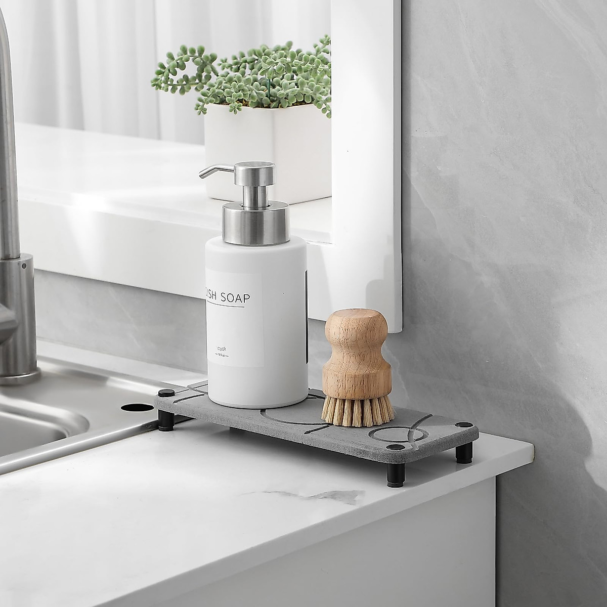 Instant Dry Sink Caddy Kitchen Sponge Holder Diatomaceous Earth Stone Drying Mat Bathroom Countertop Organizer Soap Dispenser Tray for Counter, Sink, Vanity, Small, Foam, Grey